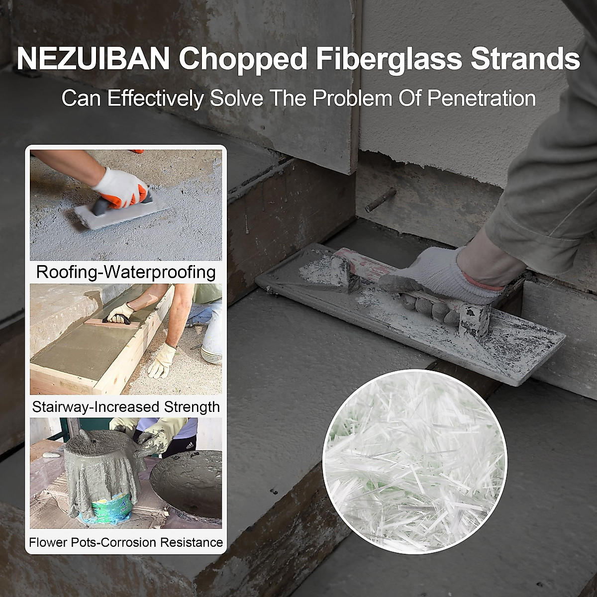 Fiberglass for Concrete, 3/4" Length,2.5 Lb, AR-Glass Chopped Strand Fiberglass for Concrete Cement Mortar Reinforcement