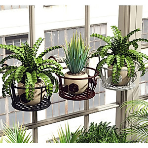 KIPAACCL Balcony Planters Railing Hanging Flower Pot Holders 2 Pack,Plant Iron Racks Fence Metal Potted Stand Mounted Balcony Round Plant Baskets Shelf Container Box for Indoor&Outdoor Use