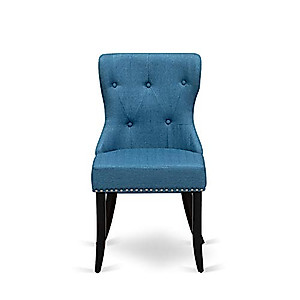 East West Furniture ANSI5-ABK-21 5 Piece Kitchen Table & Chairs Set Includes a Round Room Table with Pedestal and 4 Blue Linen Fabric Parsons Dining Chairs, 36x36 Inch, Wirebrushed Black