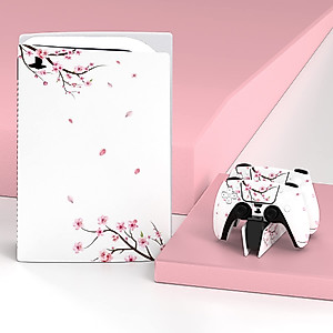 PlayVital Skin Decal for ps5 Console Disc Edition, Full Set Sticker Wrap Vinyl Decal Cover for ps5 Controller & Charging Station & Headset & Media Remote - Falling Cherry Blossom