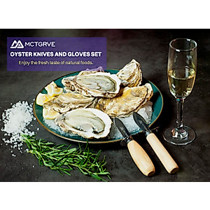 MCTGRVE Oyster Shucking Knife and Glove Set -Oyster Shucker Kit with 2pcs Oyster Knife 1pair of Level5 Protection Gloves 1pc Kitchen Cloth-Seafood Opener Tools in a Storage Bag (black) Great Gifts