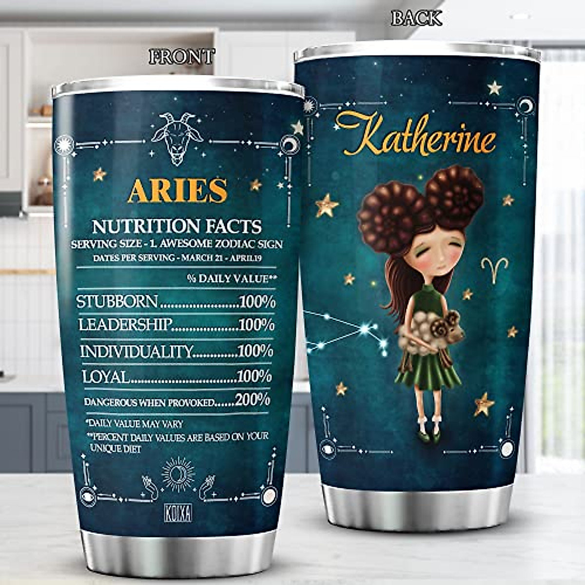 KOIXA Aries Zodiac Insulated Tumbler With Lid 20oz Cute Astrological Items For Teens Girls Stainless Steel Coffee Travel Cup Custom Name Birthday Mug Cute Astrology Gifts For Women