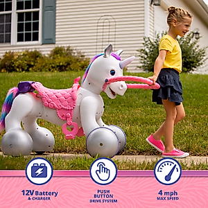 Kid Trax Toddler/Kids Rideamal Unicorn 12 Volt Ride On Toy, Max Rider Weight of 70lbs, Interactive, Responds with Movement, Lights, and Sound, Accessories Included , White