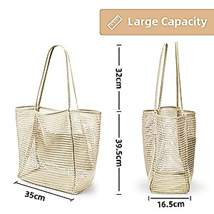 KALIDI Beach Mesh Tote Bag, Casual Tote Bag Hobo Women Foldable MAX 23L Shoulder Bag For Beach Picnic Vacation
