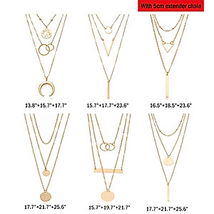 Biokia 6 Pieces Layered Necklaces For Women Long Necklaces Gold Choker Necklaces Map Coin Bar Crescent Moon Necklace Layered Y Pendant Necklace Multilayer