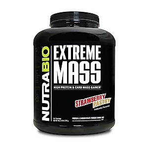 NutraBio Extreme Mass - 53G Protein - Advanced Anabolic Muscle Mass Gainer Protein - High Calorie - Full Spectrum Amino Acid - Strawberry Pastry, 6 Pound
