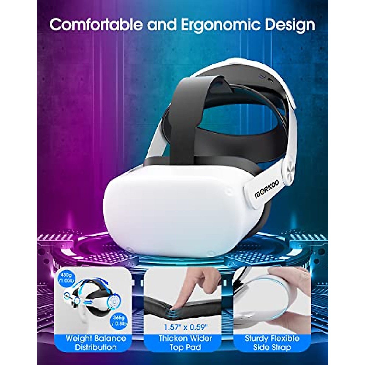 MORKOO 10000mAh Battery Pack for Extended 8H Playtime Compatible with Oculus Quest 2 - Adjustable Head Strap Elite Strap Replacement for Enhanced VR Support and Immersive Comfort, VR Headset