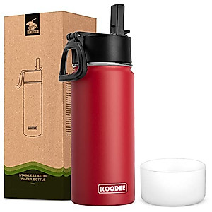 koodee Kids Water Bottle Stainless Steel Double Wall Vacuum Insulated Wide Mouth Flask, 16 oz Water Bottle for School (Canyon Red)