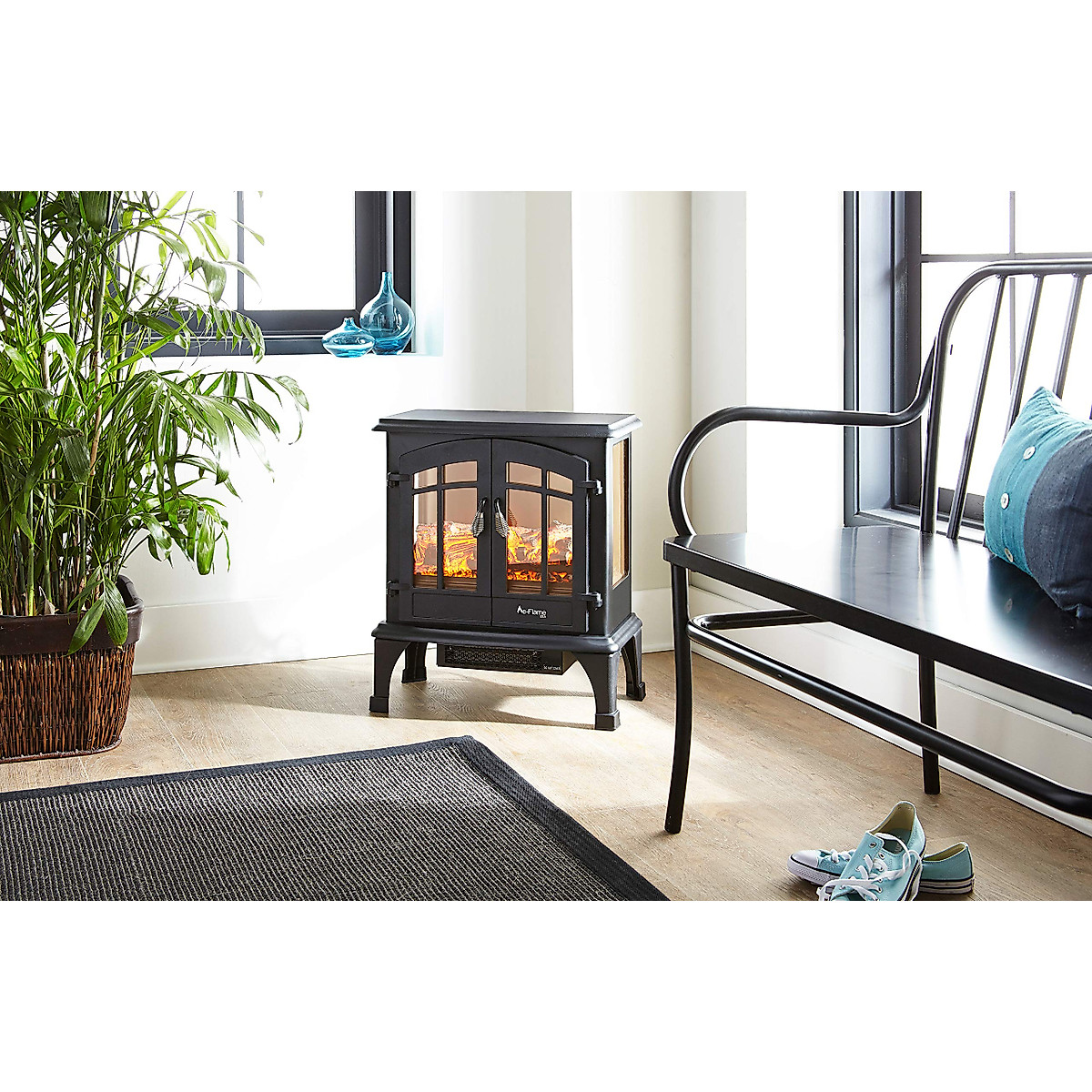 e-Flame USA Jasper Freestanding Electric Fireplace Stove Heater - Realistic 3-D Log and Fire Effect (Black)