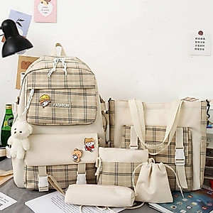 5Pcs Kawaii School Backpacks Combo Cute Bear Pendant Pins Plaid Check Back To School Supplies Canvas Schoolbag Daypack (Khaki)