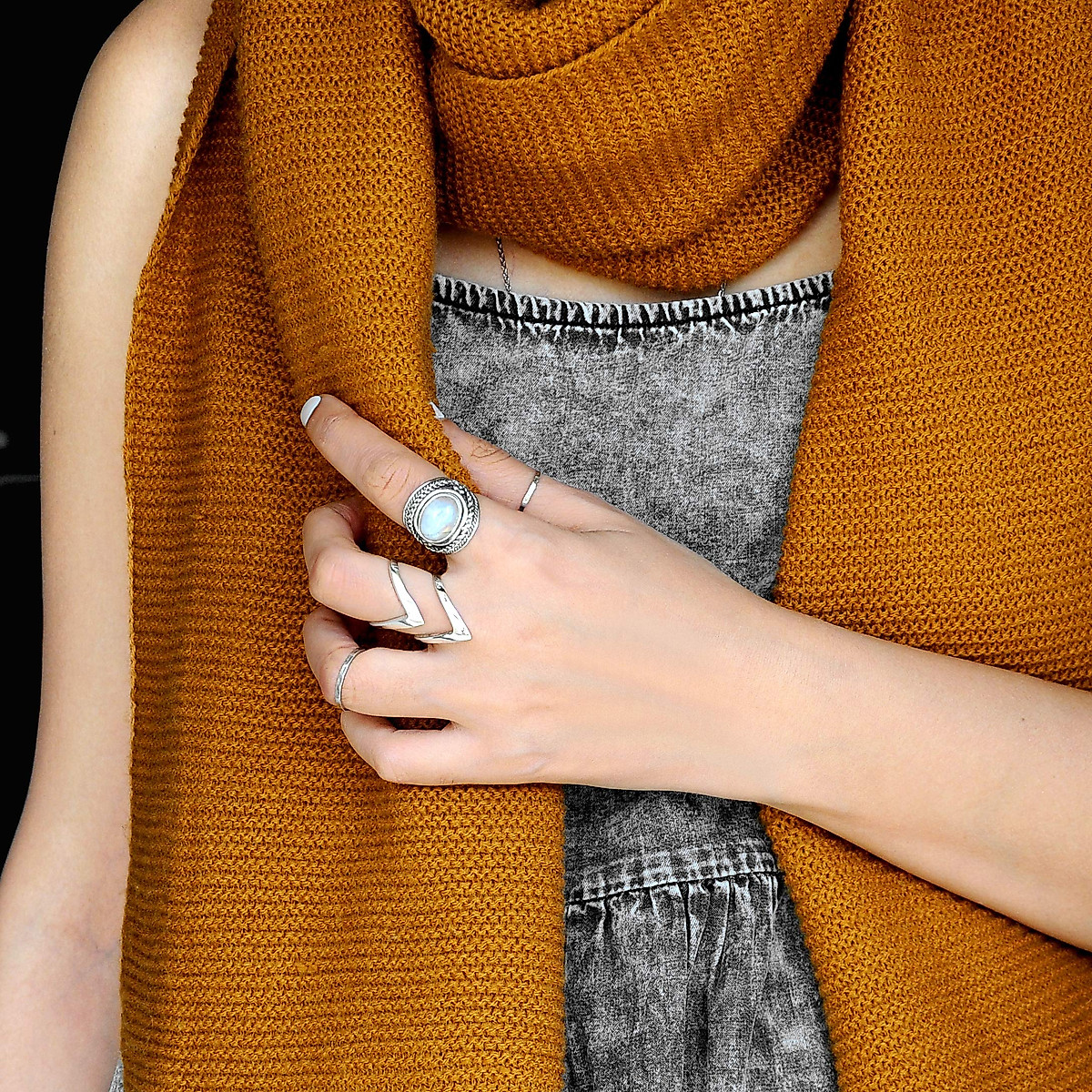 Boho-Magic Sterling Silver Chevron Ring for Women Statement Large Wide Band Full Finger (8)