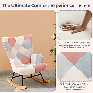 Tatub Rocking Chair Nursery, Upholstered Rocking Chair Indoor with High Backrest and Wooden Base, Modern Glider Chair for Nursery, Living Room, Bedroom, Office （Patchwork Linen Pink）