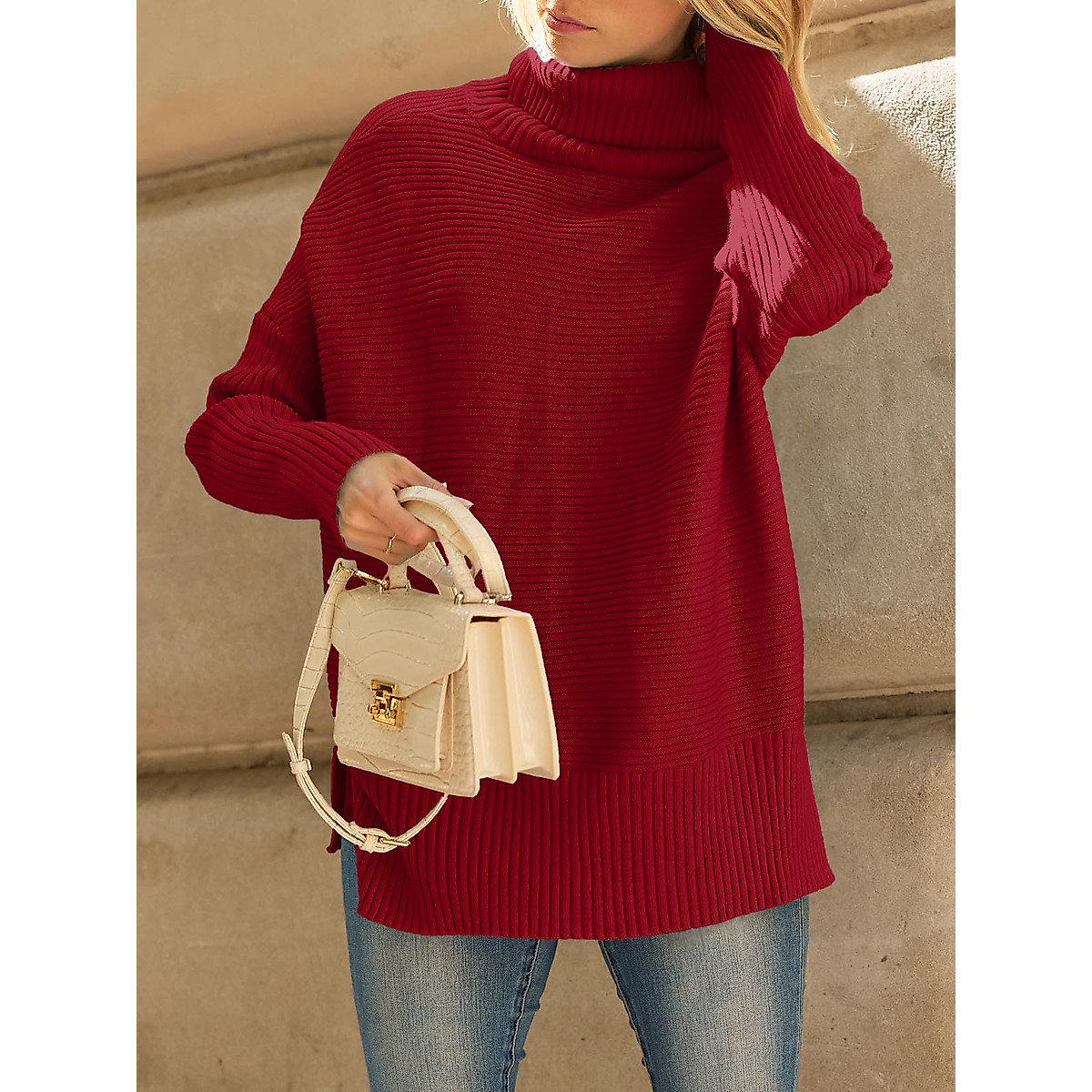 LILLUSORY Womens Turtleneck Oversized Tunic Fall Sweaters 2025 Casual Long Pullover Knit Winter Cute Poncho Fashion Trendy Clothes Outfits Clothing Tops Leggings Red
