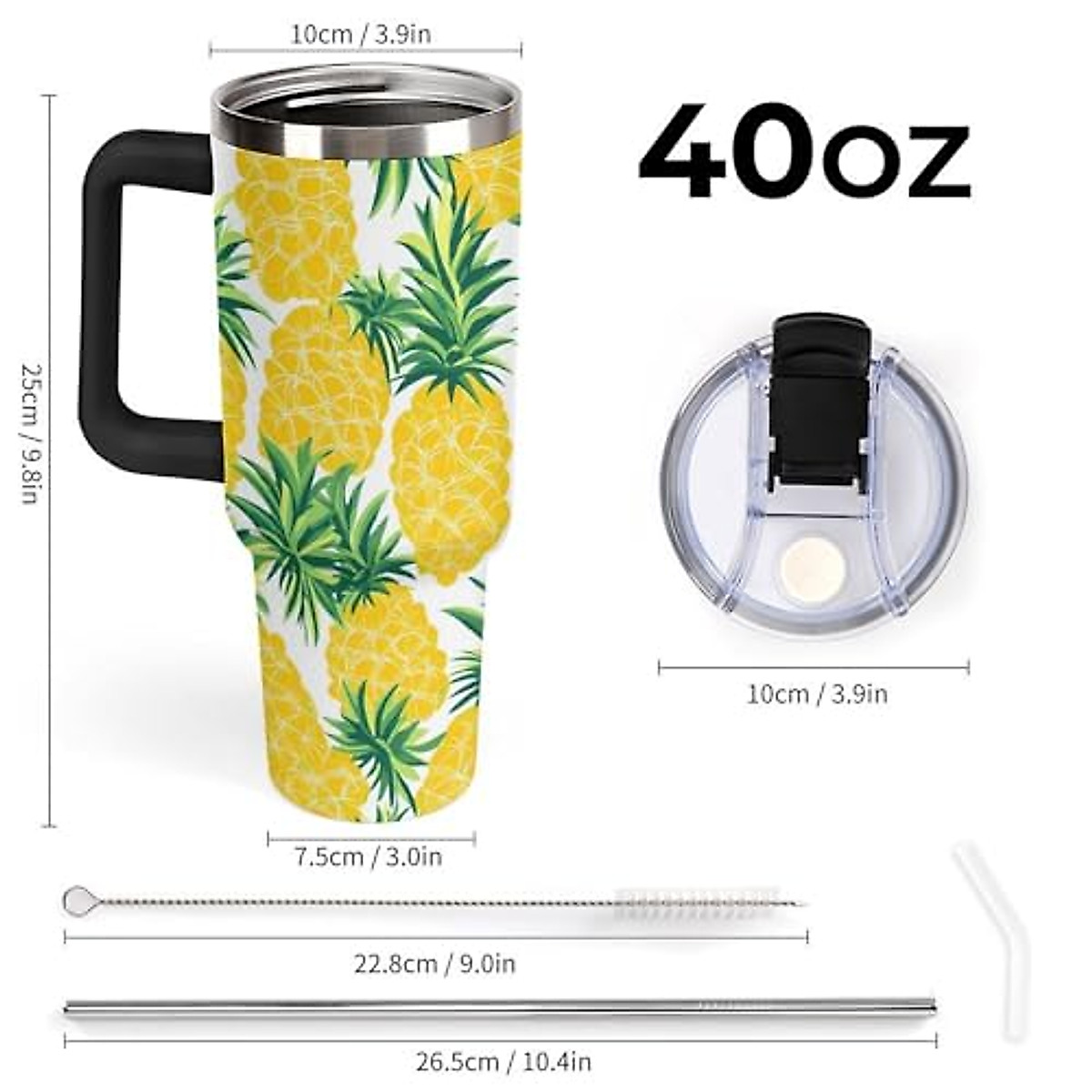 Pineapples Pattern Insulated Tumblers with Handle Stainless Steel Coffee Mug Funny Travel Cup with Lid Straw 40oz