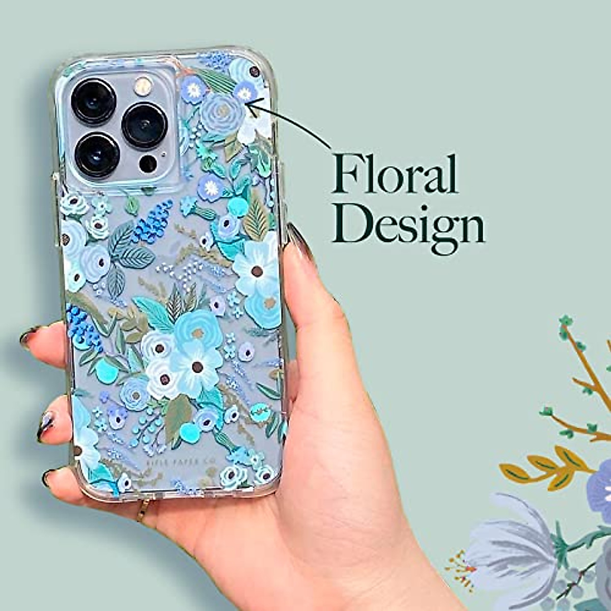 Rifle Paper Co. iPhone 13 Pro - 10ft Drop Protection with Wireless Charging, Scratch Resistant Protective 6.1" Case for iPhone 13 Pro, Shock Absorbing Material, Floral Print -Garden Party Blue