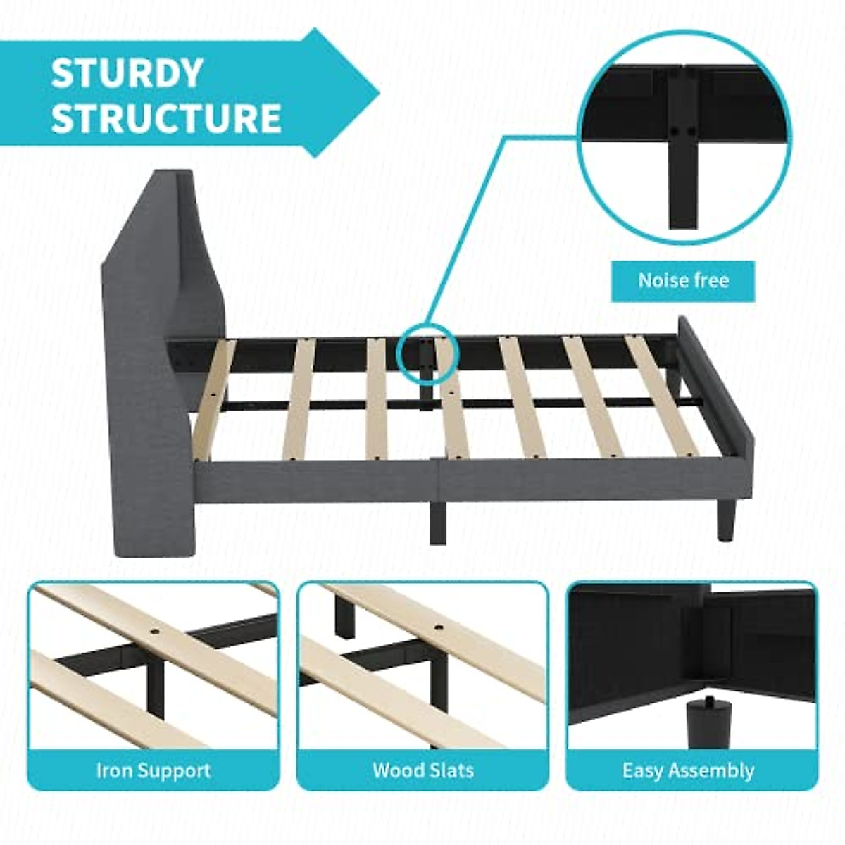 CECER Full Size Bed Frame, Modern Bed Frame with Upholstered Headboard & Broad Wingback Wooden Slat Support, No Box Spring Needed - Dark Grey
