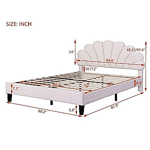 ATY Upholstered Queen Size Platform Bed, Velvet Fabric Bedframe with Flower Pattern Headboard & 12 Wood Slat Support, Elegant Style for Bedroom, Guestroom, No Box Spring Needed, Beige