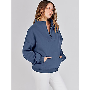 ANRABESS Womens Half Zip Sweatshirts Oversized Crop Pullover 2024 Winter Y2K Fleece Hoodie Sweater Teen Girls Fall Clothes Navy Blue Medium