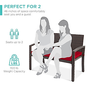 Best Choice Products Outdoor Bench 2-Person Wicker Garden Patio Benches Seating Furniture for Backyard, Porch w/Seat Cushion, 700lb Capacity - Brown/Red