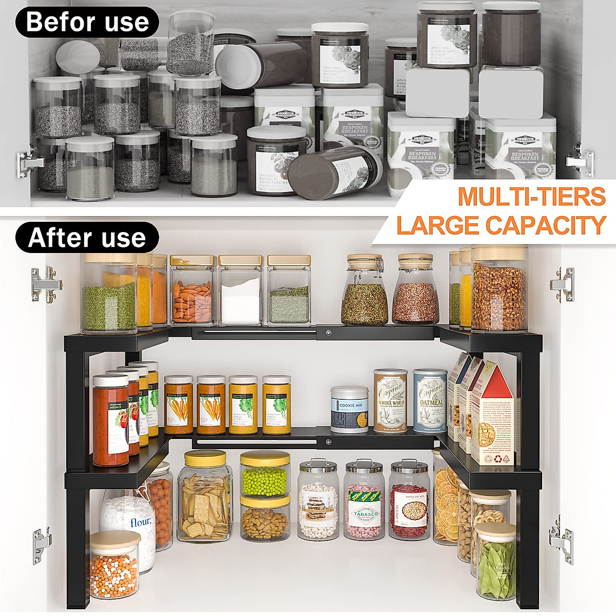 Mystozer Metal Kitchen Spice Rack, Spice Organizer for Cabinet with Double-Layer Expandable, Seasoning Rack for Countertops, Pantries and Cabinets (Black)