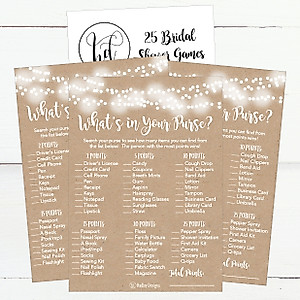 25 Rustic Whats In Your Purse Bridal Wedding Shower or Bachelorette Party Game Item Cards Engagement Activities Ideas For Couples Funny Co Ed Rehearsal Dinner Supplies and Decoration Favors For Guests
