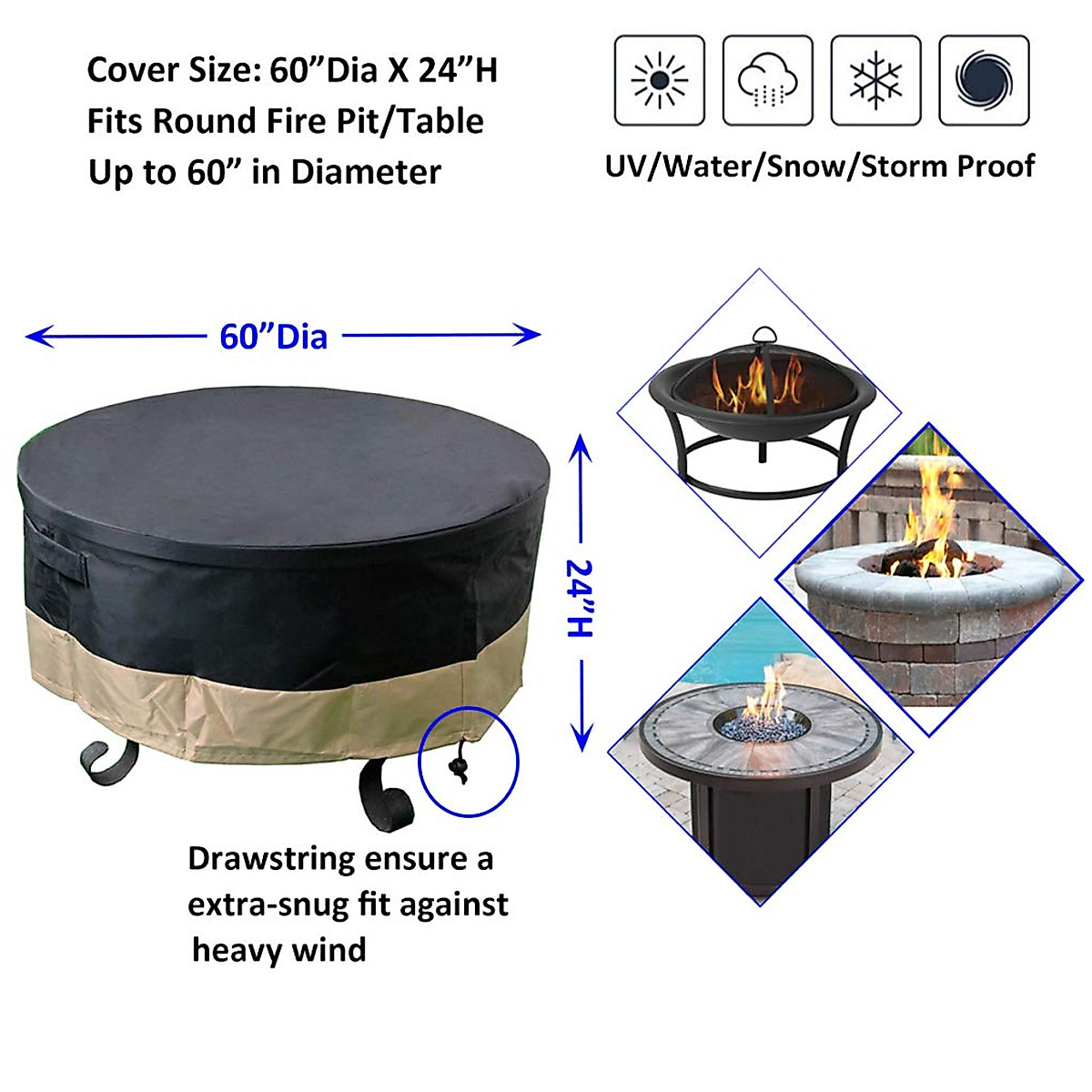 ProHome Direct 60 Inch Heavy Duty Waterproof Round Fire Pit/Table Cover, Weather Resistant Material Patio Cover, 60" D X 24" H