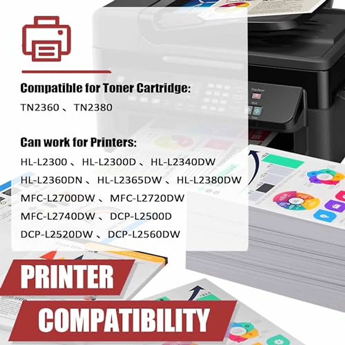 Replacement TN2360 Toner Cartridges Compatible for Brother TN 2360 TN2380 Toner Cartridge Work for Brother HL-L2300 HL-L2300D HL-L2340DW HL-L2360DN L2365DW Printers