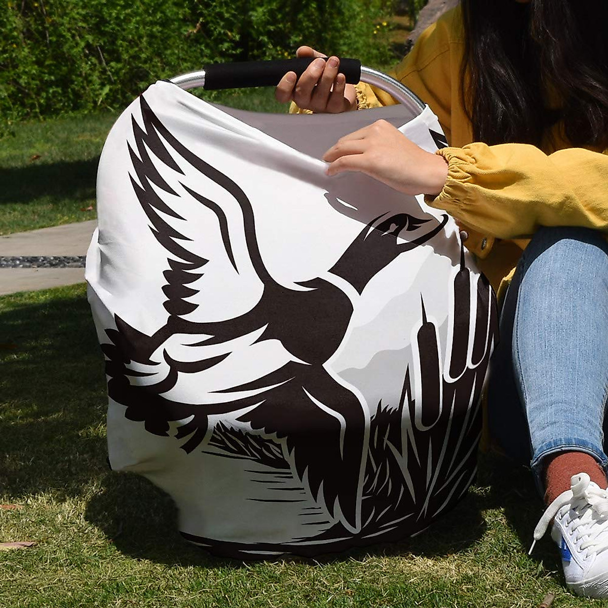 Car Seat Canopy Nursy Cover, Flying Duck Black and White Art Multi Use Breastfeeding Scarf for Infant Carseat Canopy, Stroller, Shopping Cart, Highchair