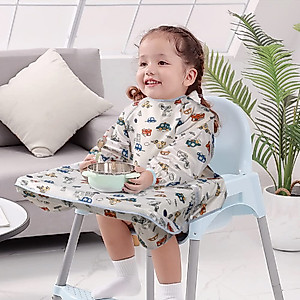 Vicloon Coverall Baby Feeding Bib, 2 In 1Weaning Bibs Attaches to Highchair and TableWeaning, Long Sleeve Bib with Waterproof, Baby Bibs for Feeding, Adjustable,Machine Washable(Car Pattern)