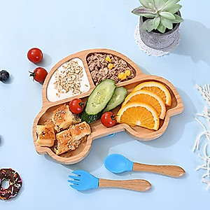 Car Bamboo Suction Plate Divider Feeding Plate for Toddlers and Babies (blue)