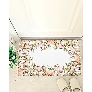 Floor Door Mats Shaggy Carpet Thanksgiving Fall Pumpkin Seamless White,Non Slip Soft Bath Rug Autumn Farm Plant,Fuzzy Area Cushion for Kitchen/Bedroom/Bathroom/Living Room Decor 24x35In