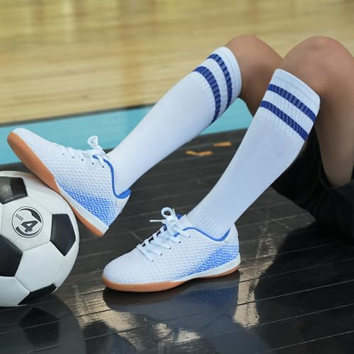 Hawkwell Unisex-Child Athletic Lace Up Boys Girls Indoor Trainer Soccer Shoe (Toddler/Little Kid/Big Kid), White PU, 2 M US