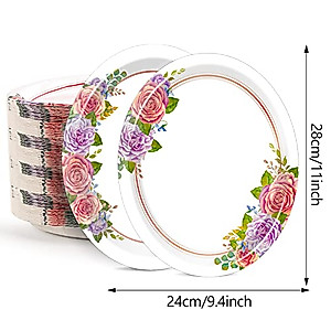 Qyeahkj 50 PCS Floral Oval Paper Plates Large 11” Disposable Pink Purple Flower Party Decorations Floral Supplies Favor for Spring Holiday Wedding Tea Party Tableware Set