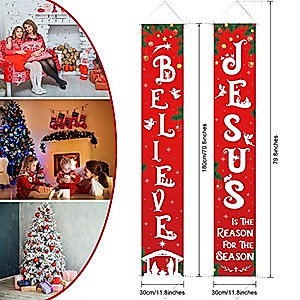 Christmas Front Porch Banners Religious Nativity Scene Sign Holiday Hanging Banner Xmas Decoration for Front Door Believe Jesus is The Reason for The Season 12 x 71 Inch
