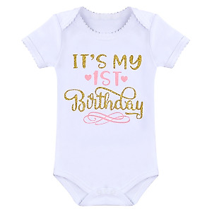 ODASDO It’s My 1st Birthday Outfit Newborn Infant Baby Girl First Birthday Cake Smash Set One Year Party Princess Dress Bodysuit Romper + Tutu Skirt + Sequin Bowknot Headband + Leg Warmers Pink