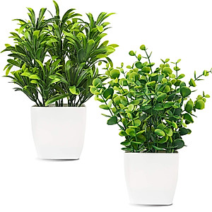 Whonline 2pcs Small Fake Plants, Mini Potted Plants for Home Bathroom Shelf Decor, Artificial Eucalyptus Plants for Office Desk Greenery Decoration