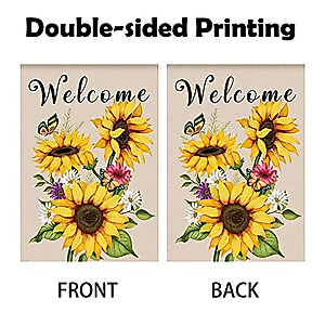 WODISON Spring Summer Sunflower Welcome Garden Flag, Vertical Double Sided Floral Butterfly Burlap Flag, Outdoor Decoration For Outside Yard Farmhouse 12 x 18 Inch (ONLY FLAG)