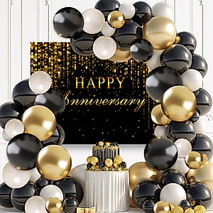 Mocsicka Black and Gold Happy Anniversary Backdrop Gold Glitter Bokeh Spot Wedding Anniversary Bridal Shower Party Decorations Cheers to Wedding Miss to Mrs Photography Background (Gold, 7x5ft)