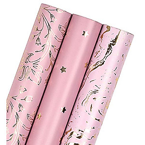 WRAPAHOLIC Wrapping Paper Roll - Pink Marble/Floral/Star Set, Perfect for Birthday, Holiday, Mother's Day, Wedding, Valentine's Day, Graduation Baby Shower - 3 Rolls - 30 inch x 120 inch