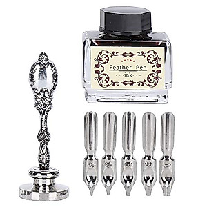 GLOGLOW Feather Pen Set, Vintage Calligraphy Writing Pen Kit with 5pcs Replacement Nib, Seal, Empty Ink Bottle for Office Stationery(Red)