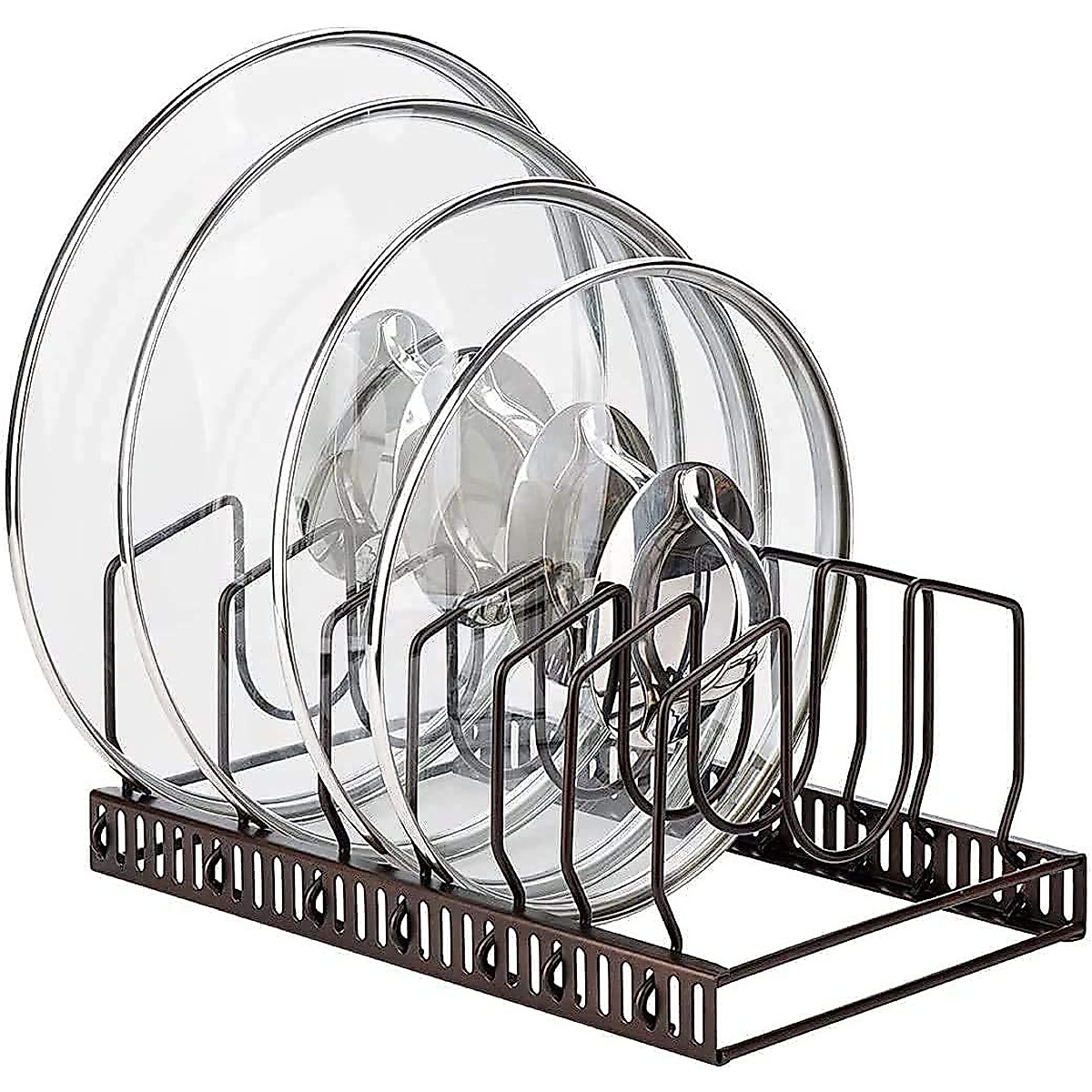 Toplife Adjustable 10+ Pans Organizer Rack + 7+ Lids Organizer Rack + 10+ Bakeware Organizer Rack for Kitchen Cabinet and Counter, Brown