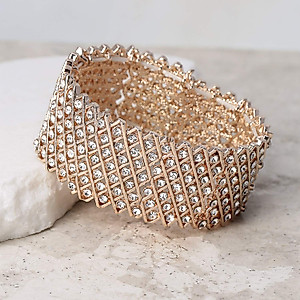 Bling Jewelry Brides Wedding Fashion Wide Silver Plated White Crystal Encrusted Statement Stretch Bracelet for Women Teens Prom Adjustable