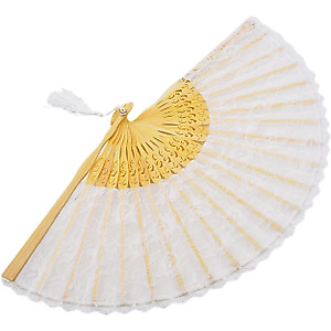 Womens Multi Color Handmade Cotton Lace Folding Hand Fan (Black-A) (White)