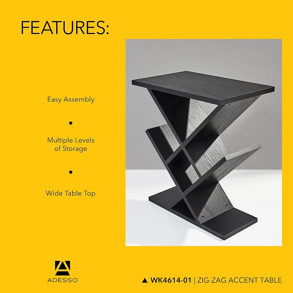 Adesso Zig-Zag Accent Table - Table Bookshelf - Storage Side Table. Home Furnishings and Decor , Black