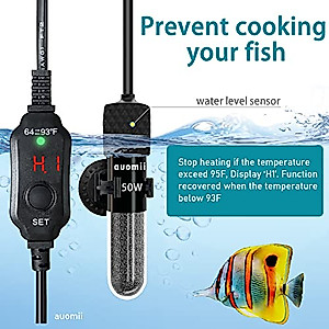 auomii Small Submersible Aquarium Heater,Adjustable Mini Fish Tank Heater 25/50/100/150/200/300 Watts with External Temperature Controller, LED Display, Smart Memory, Used for 1-60 Gallons