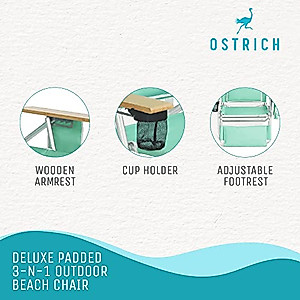Ostrich Deluxe Padded 3 N 1 Lightweight Portable Adjustable Outdoor Folding Reclining Chair for Lawn Beach Lake Camping Lounge with Footrest, Teal
