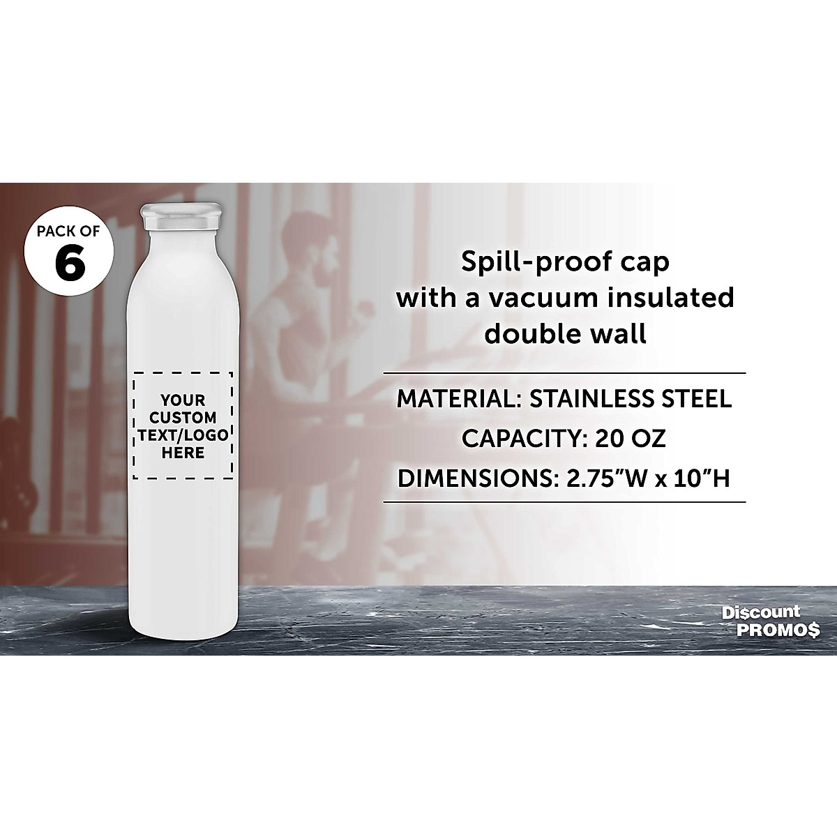 DISCOUNT PROMOS Custom Posh Stainless Steel Water Bottles 20 oz. Set of 6, Personalized Bulk Pack - Double Wall, Perfect for Coffee, Soda, Other Hot & Cold Beverages - White