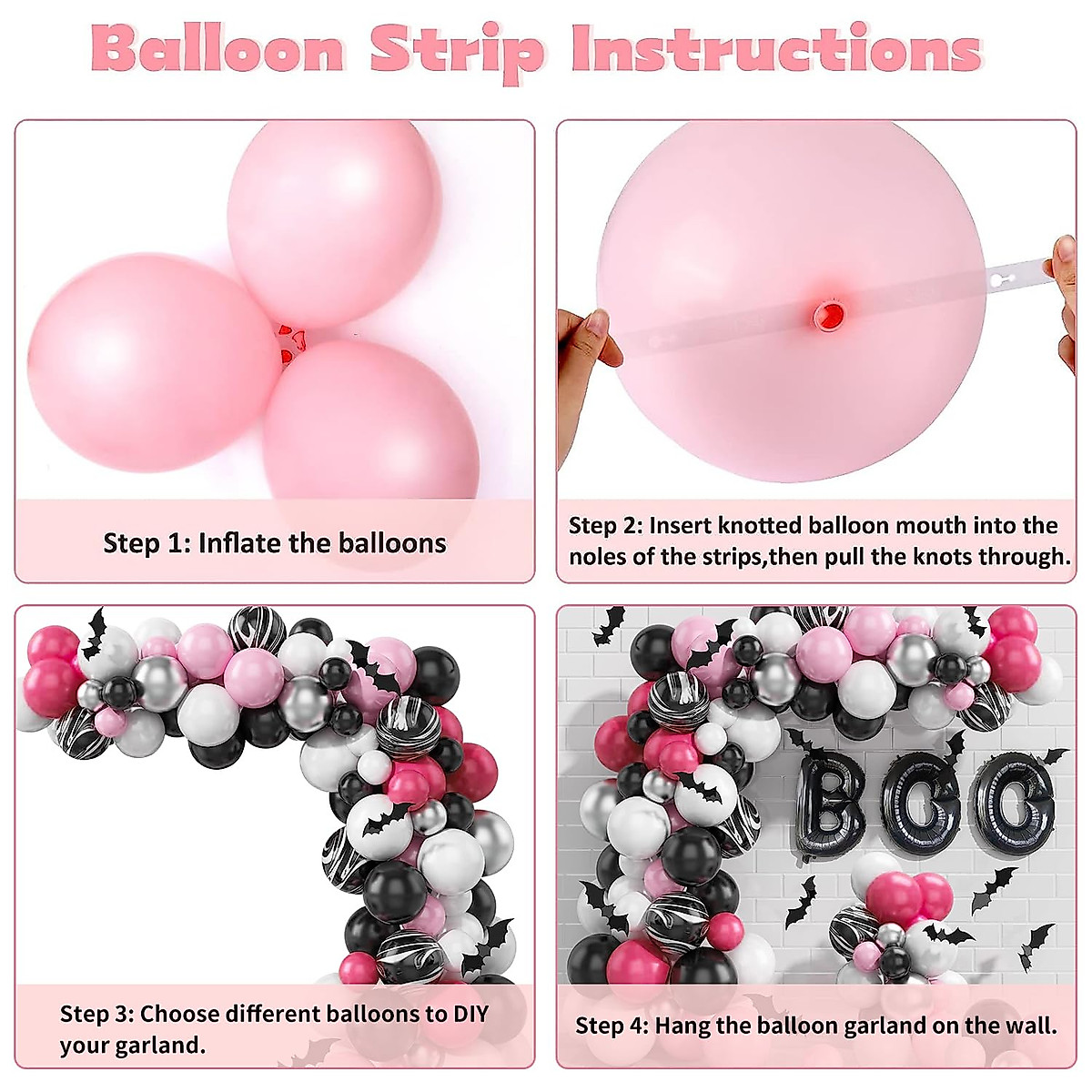 Pink Black Halloween Balloon Garland, 125pcs Matte Black Pink White Metallic Silver Rose Red Balloons for Halloween Themed Party Kids Halloween Girl Birthday Haunted House Decorations