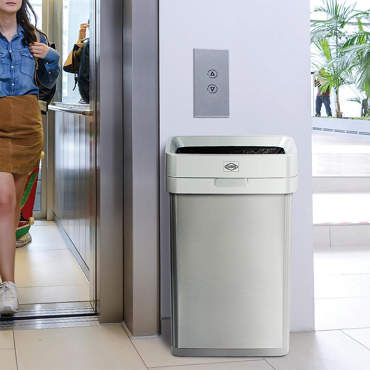 Clorox 13 Gallon Trash Can - 50L Slim Open Top Garbage Bin for Commercial Spaces, Kitchen, Office - Narrow Rectangular Stainless Steel Body with Hinged Rim and Odor Protection