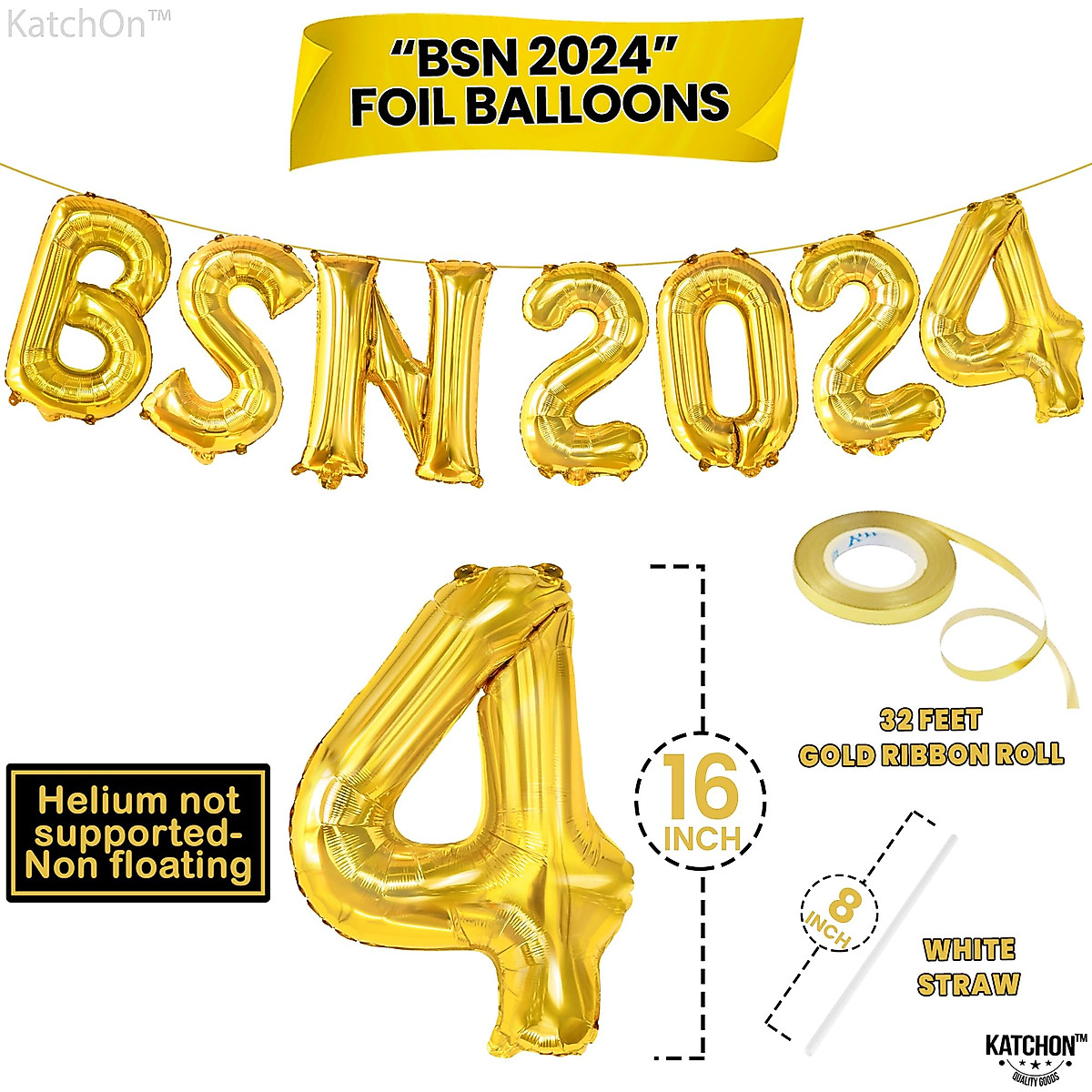 KatchOn, Gold BSN Balloons Letters 2024-16 Inch, Congrats Nurse Banner | Nursing Graduation Party Supplies 2024 | BSN Nurse Balloons 2024 for BSN Graduation Decoration | Nurse Graduation Decorations